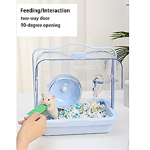 Portable Transparent Small Animal Cage for Pet Hamsters, Gerbils, or Mice, with Free Water Bottle and Running Wheel - Hamster House and Habitat for Reptiles. Perfect for Home or Travel (Blue)
