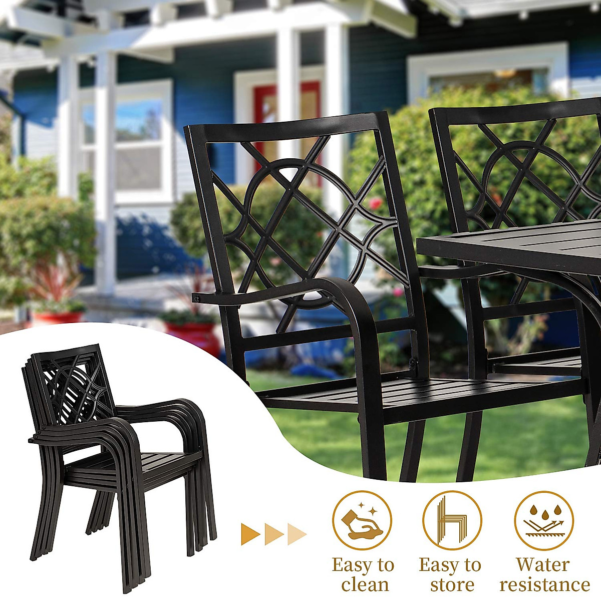 Patiomore 4 Piece Outdoor Dining Chairs 300 lbs Patio Bistro Chairs Stackable Wrought Iron Chairs with Armrest for Garden, Backyard, Balcony