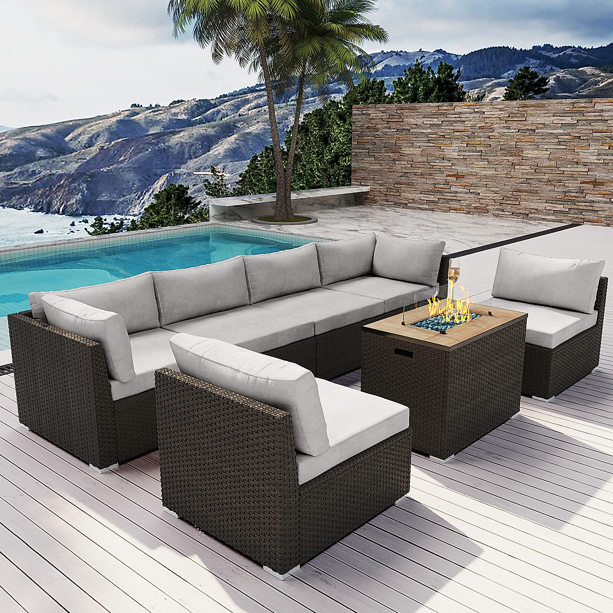 MODENZI Patio Furniture Outdoor Sectional with Propane Fire Pit Table Espresso Brown Wicker Resin Garden Conversation Sofa Set (Light Grey)