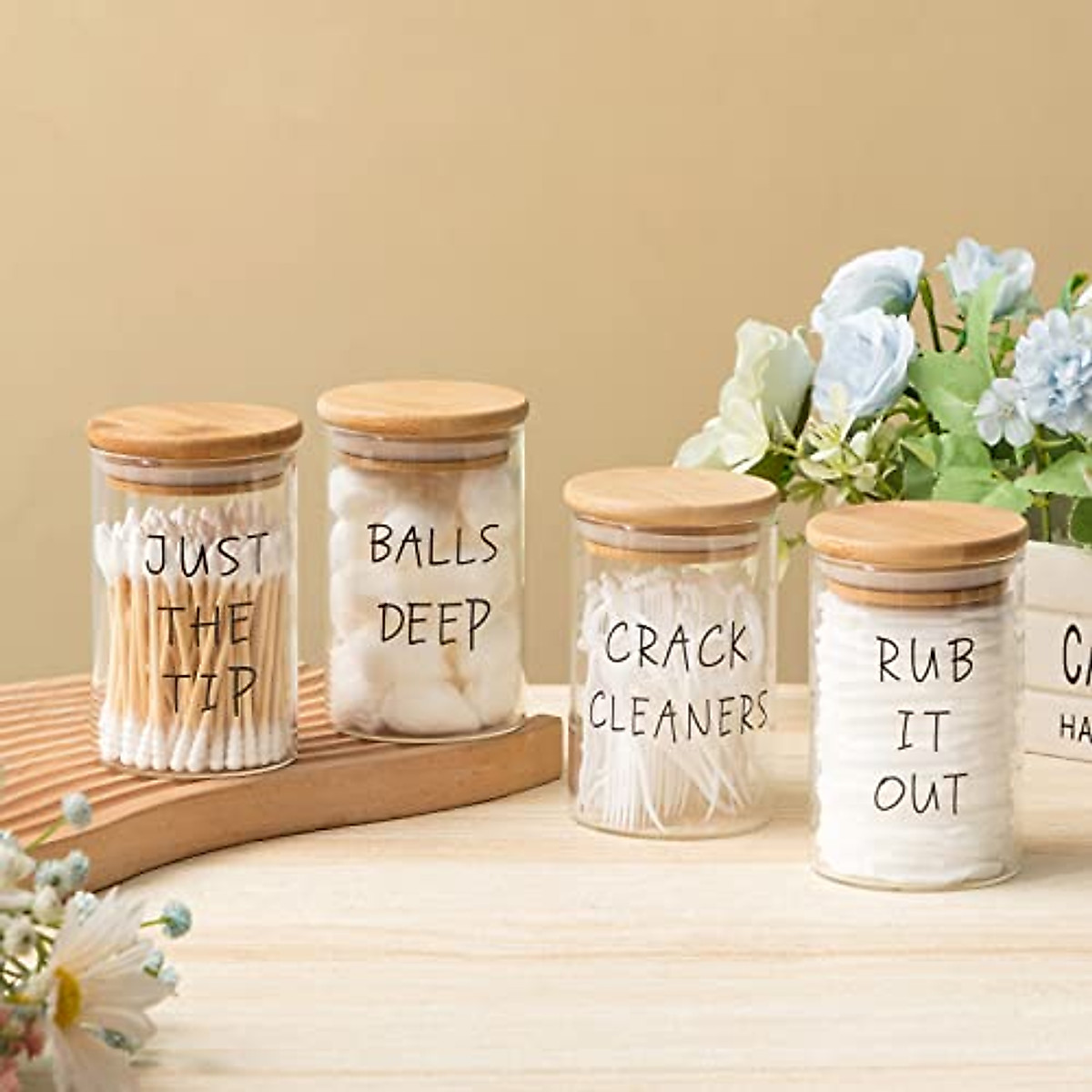 6 Pieces Apothecary Jars with Lids Cotton Swab Holder Bathroom Decor Glass Jars with Bamboo Tray for Cotton Ball Holder Bamboo Vanity Tray Bathroom Canisters for Bathroom Storage Organizer
