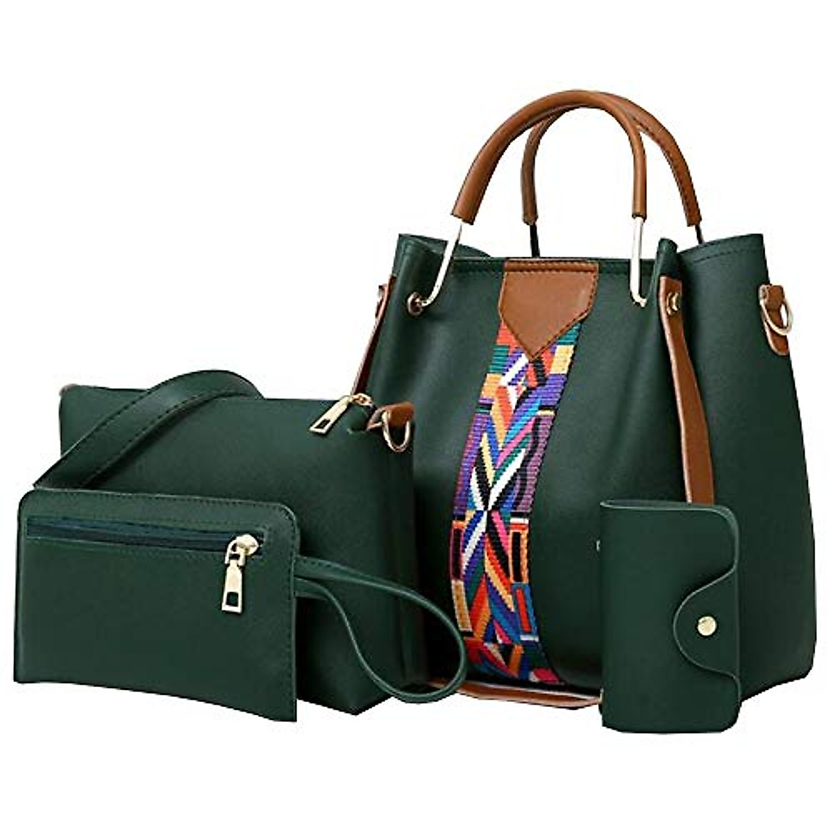 Cayla Women handbags purse PU Leather Top handle Shoulder bag Satchel hobo Tote Bags set 4pcs, Green, Medium