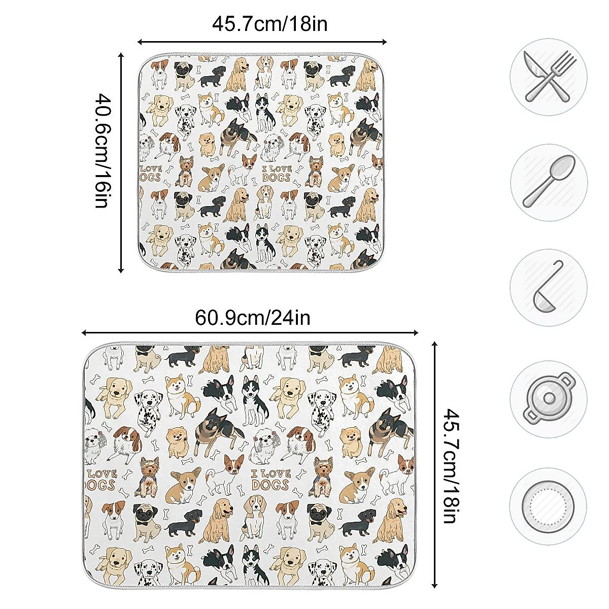 xigua Dog Dish Drying Mat for Kitchen Counter,Texture Ultra Absorbent Reversible Microfiber Dishes Drying Rack Pad Heat-resistant Mats 16x18in