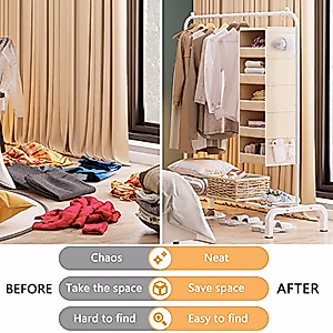 JIUYOTREE Metal Clothing Rack with Hanging Closet Organizer, 43.3 Inches Clothes Garment Coat Rack with Bottom Shelf, Clothing Rack for Hanging Clothes, Coats, Skirts, Shirts, Sweaters, White