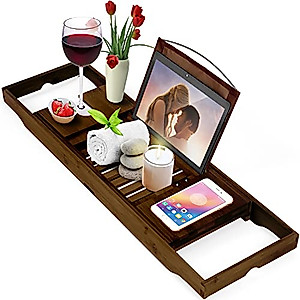 Homemaid Living Luxury Bamboo Bath Tray for Bathtub - Expandable Bathroom Tray with Reading Rack or Tablet Holder, Premium Bath Tray with Wine Glass Holder, Bathroom Caddy, Fits All Bathtubs (Brown)