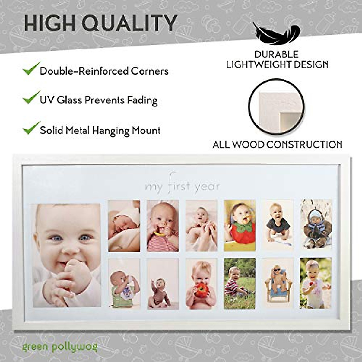 Green Pollywog | Baby's First Year Frame | Collage Frame For Baby In White | 12 Month Picture Frame | Milestone Photo Frame | First Year Picture Mat | Baby Picture Frame | My First Year Picture Frame