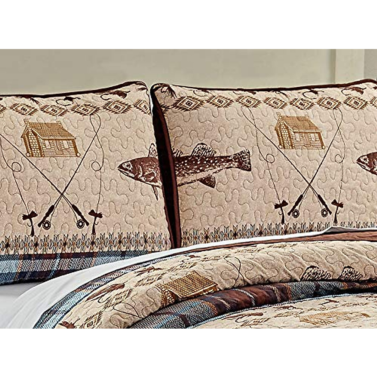 River Fly Fishing Rustic Cabin Lodge Quilt Bedspread Bedding Set with Fishing and Southwestern Plaid Tweed Patterns Blue Brown - River Lodge (King / Cal-King)