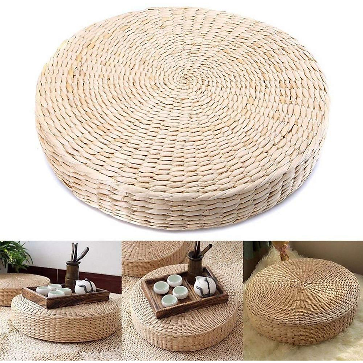 GOTOTOP Tatami Cushion Straw Seat Cushion Pad Handmade Straw 15.4inch Dia Woven Straw Flat Seat Pillow for Yoga Soft Round Pouf Tatami Knitted Floor Mat Garden Dining Room Home Decor Outdoor