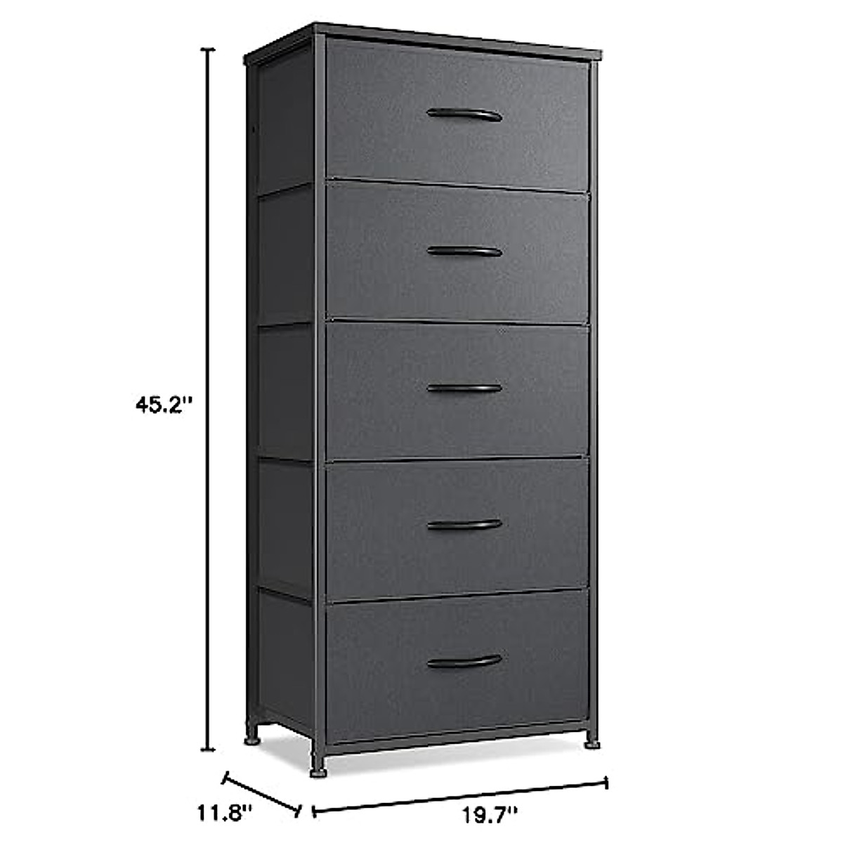 BANTI Dresser for Bedroom, Tall Kids Fabric Vertical Dresser with 5 Drawers, Storage Tower Organizer Unit for Closet, Living Room, Bedroom, Hallway, Steel Frame Wood Top, Black Grey