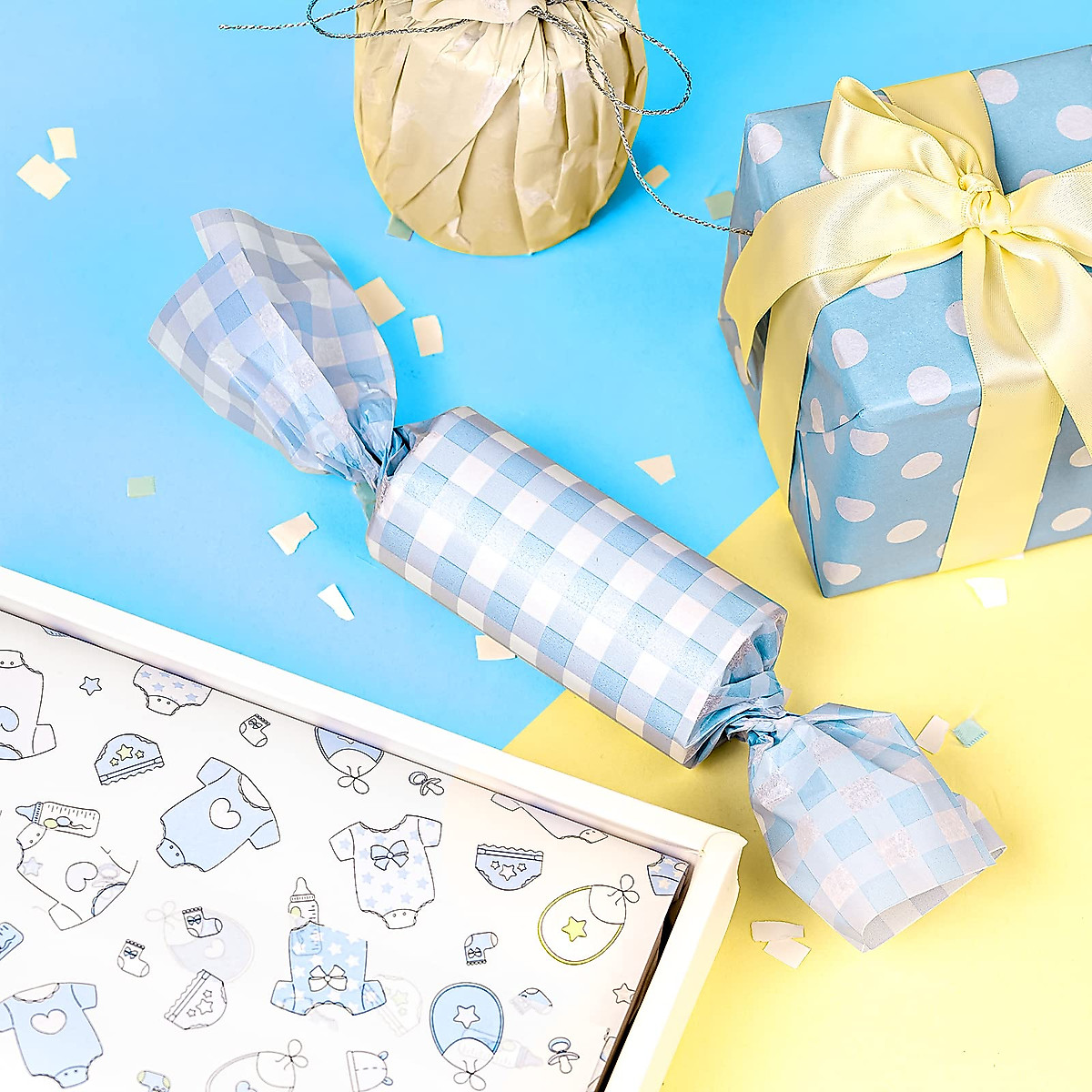 MAYPLUSS Wrapping Tissue Paper - 90 Sheets - Baby Boy Design - 13.7 inch X 19.7 inch Per Sheet