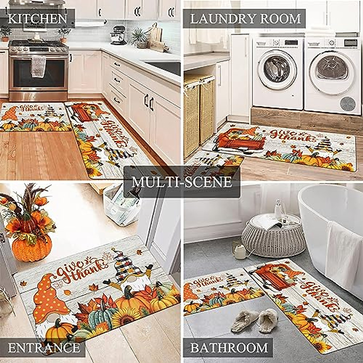 Bsmathom Anti Fatigue Kitchen Rug Set of 2, Cushioned Non Slip Kitchen Rugs and Mats, Pumpkin Kitchen Mats for Floor Set, Waterproof Kitchen Rug Runner Floor Mats for Home Kitchen