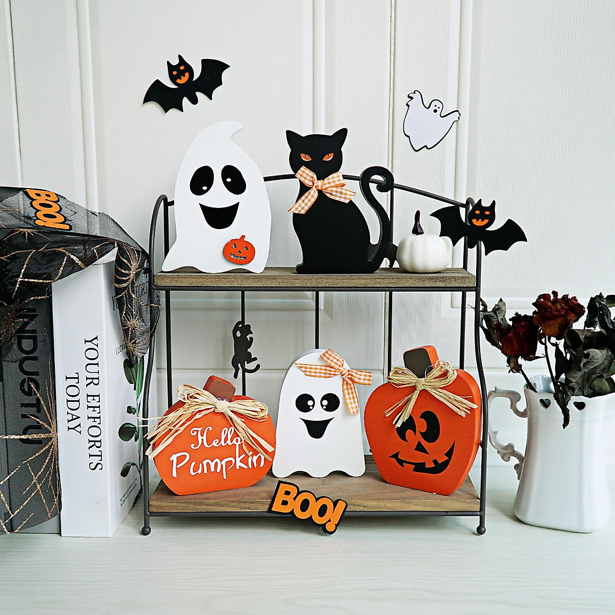 Halloween Wood Signs Decorations Halloween Wooden Signs Pumpkin Ghost Black Cat Freestanding Table Signs, Halloween Tiered Tray Decor for Rustic Farmhouse Home Mantle