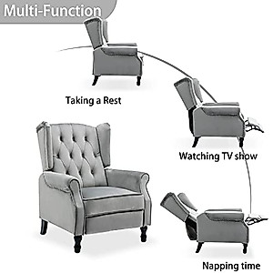 Altrobene Velvet Accent Chair, Push Back Recliner Chair, Wingback Arm Chair for Living Room/Bedroom/Home Theater/Reception Area, Grey