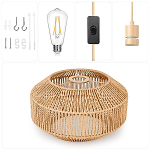 Plug in Pendant Light Paper Woven Rattan Hanging Lights Boho Hanging Lamp Rustic Farmhouse Pendant Lights for Kitchen Dining Room Bedroom Entryway, with 3-Way Dimmable Bulb (Woven)