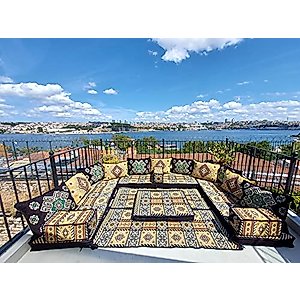 U Shaped Arabic Floor Sofa Set, Black Floor Cushions, Balcony Patio Sofas, Pallet Sofa, Ethnic Sofa, Moroccan Sofas, Sectional Sofas,Pouffs (U Sofa Full Set)