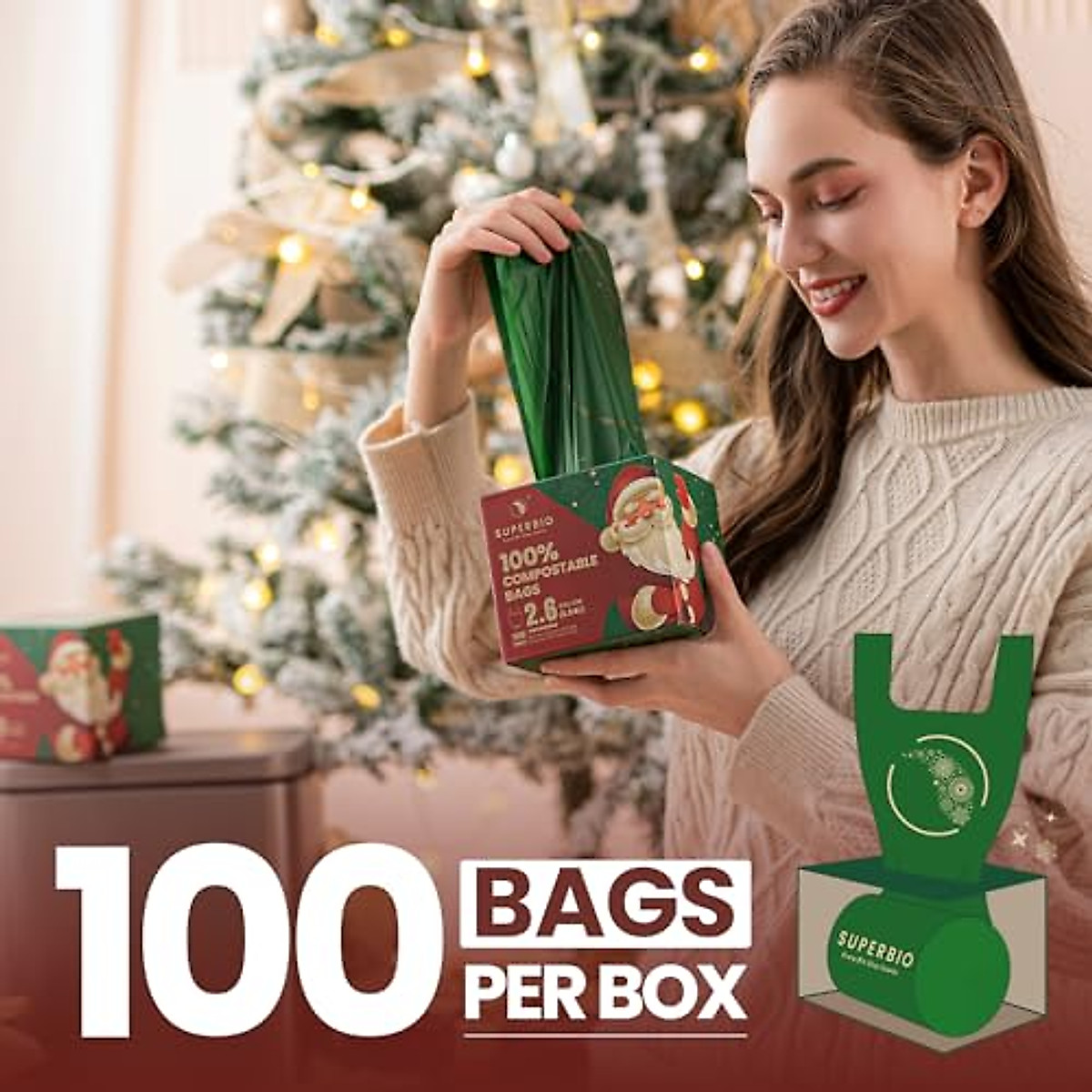 SUPERBIO 2.6 Gallon Compostable Handle Tie Food Waste Bags, 100 Count, 1 Pack, Christmas Gift Package,Christmas Special Edition