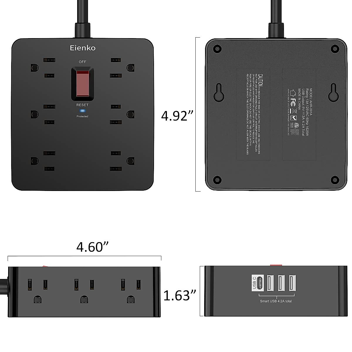 Surge Protector Power Strip - Eienko 6 Ft Extension Cord with 12 Widely Outlets, 3 Side Outlet Extender with 4 USB Ports, Flat Plug, Wall Mount, Desk USB Charging Station, ETL,Black