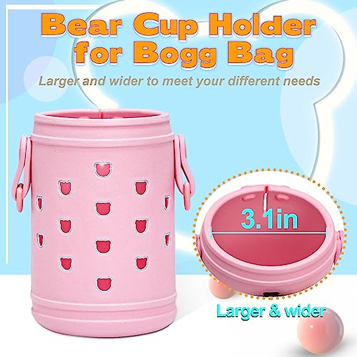 Bear Cup Holder Compatible with Bogg Bags Drink Can Water Bottle Attachment with Cute Charm Accessory-Keep Bottles, Or Personal Items Handy with Your Tote Bag- Extra Large Size Fits Most Cups (Pink)