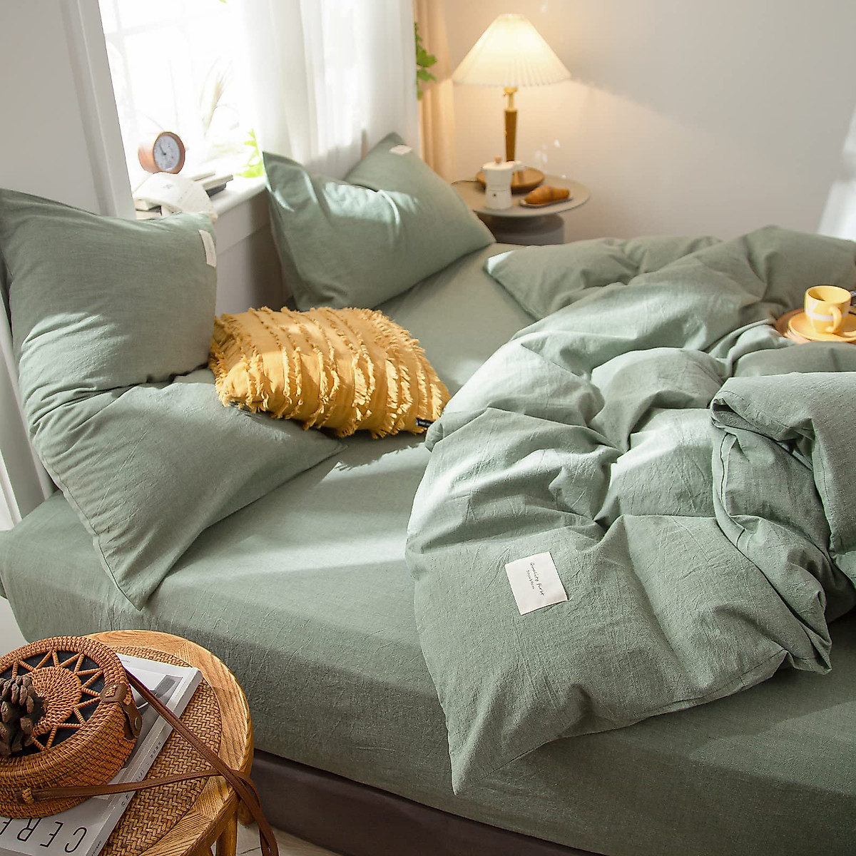 OS OMYSTYLE Sage Green Duvet Cover King Size 100% Washed Cotton Linen Like Textured for All Seasons, 3 Pieces Ultra-Soft Solid Color Bedding Set with Zipper Closure, 1Pc Duvet Cover 2Pcs Pillowcases