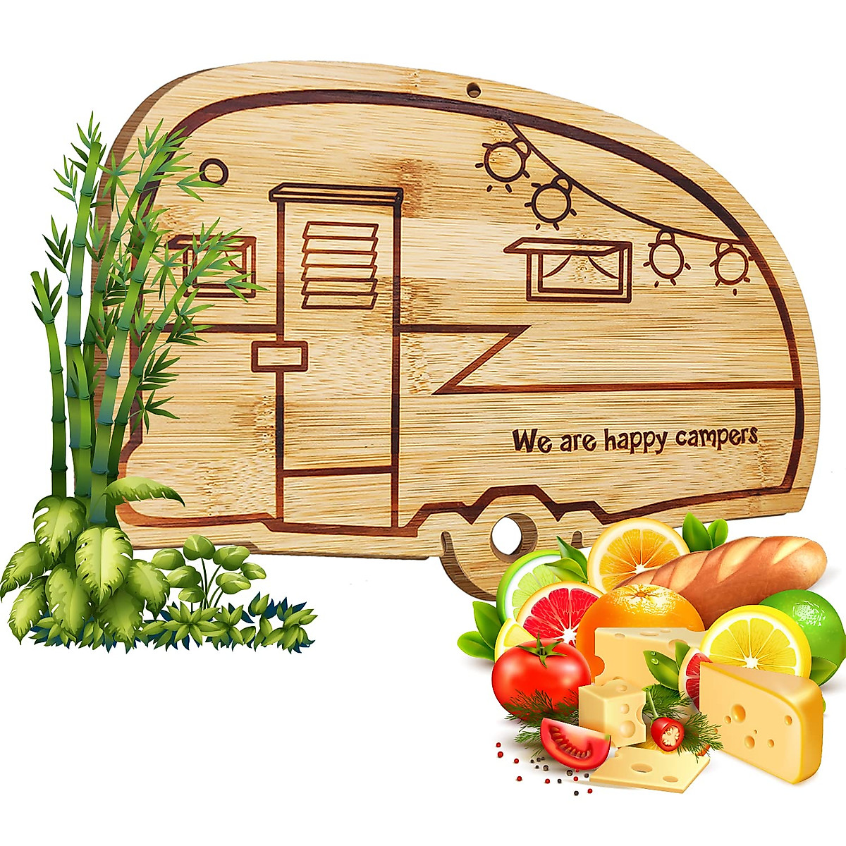 Haigoo RV Cutting Board Campsite Retro Happy Camper Bamboo Wood Camper Chopping Board Perfect Funny Serving Tray for Vegetables Fruit Cheese, RV Camper gifts,Home Deco
