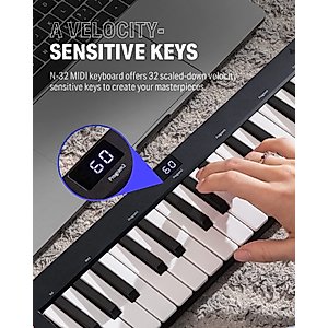 USB MIDI Keyboard Controller MINI 32-Key, Donner N-32 with Screen, Sequencer, Chord, Bend Sound Effects By Light-up Joystick for Mac/PC, Music Production Software, 40 Teaching Courses