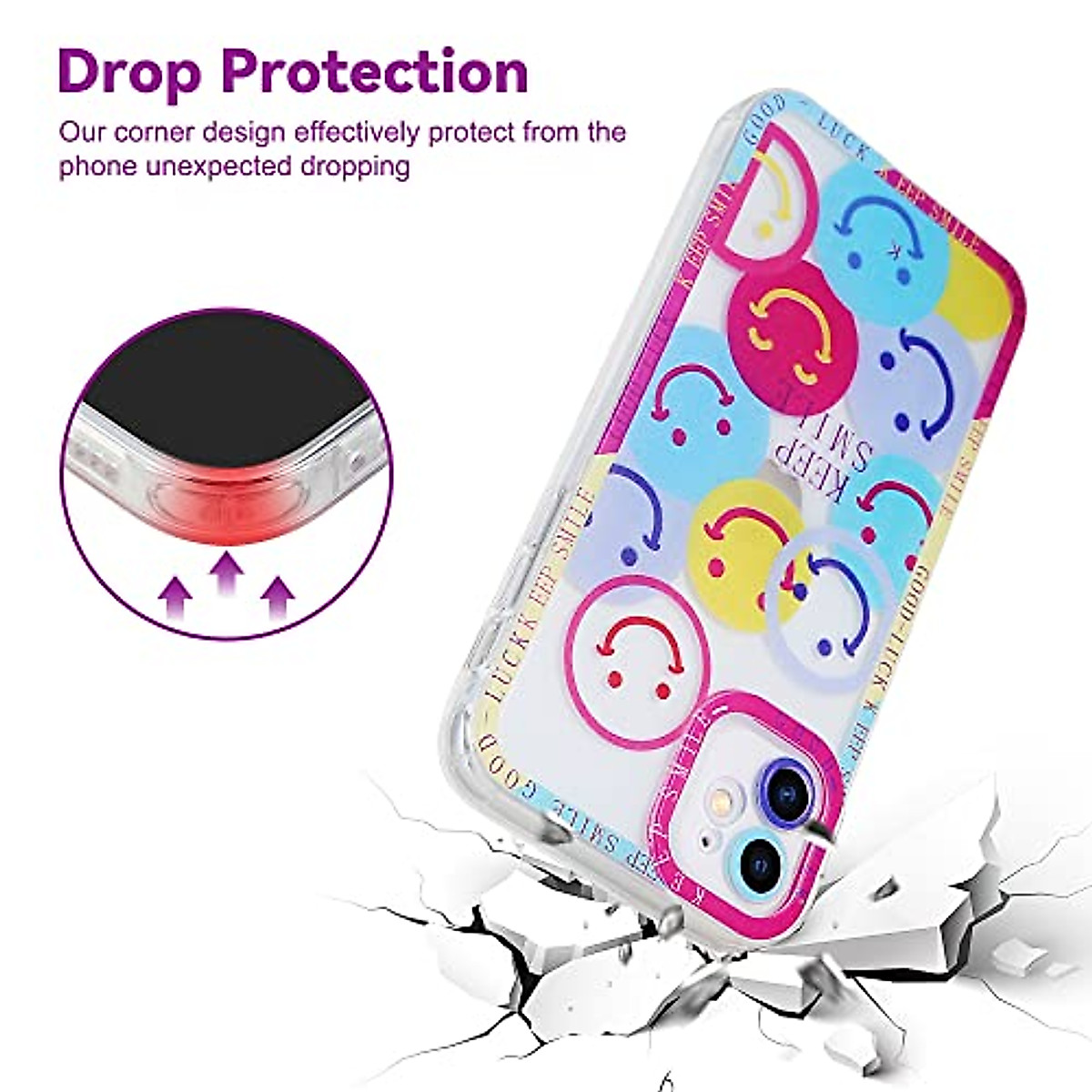 Yebowe [3 in 1] Cute Smiley Face Case for iPhone 11 with Screen Protector+ Beaded Phone Charm, Soft TPU Clear Aesthetic Protective Cover Happy Smile Face Design for Women Girls