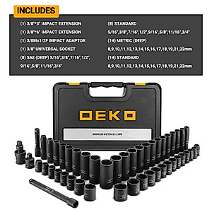 DEKOPRO 48 Piece 3/8-inch Drive 6 Point Impact Socket Set, Standard and Deep, Metric and SAE, CR-V Steel with Extension Bar and Universal Joints