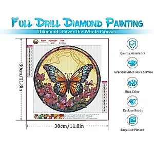 Euibziy Diamond Painting Kits for Adults Butterfly Stained Glass Diamond Art Kits for Kids Beginner DIY 5D Full Drill Crystal Rhinestone Arts and Crafts Gem ArDots Home Wall Decor 12x12 inch
