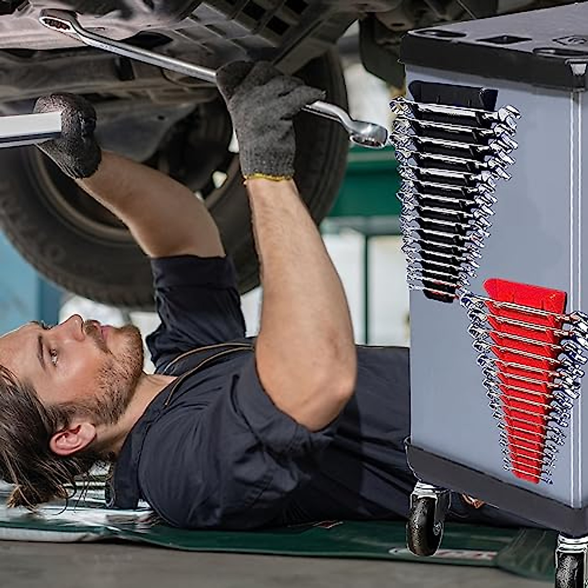 32-Slot Wrench Organizer for Tool Box, 2 Pack Magnetic Wrench Organizer, Wrench Holder SAE(1/4" - 1/16") and Metric(6mm-24mm), Wall Mounted Wrench Organizer