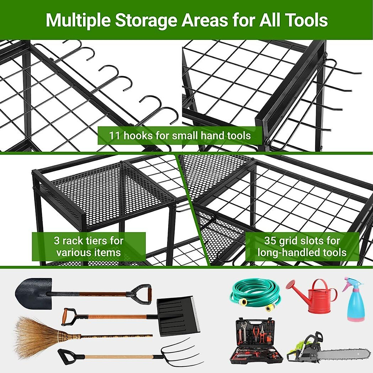 Joyoolife Garden Tool Organizer, 3 Tier Yard Tool Rack with Large Tool Slots & Small Tool Hooks, Large Capacity Tool Shelf, Heavy Duty Metal Tower Rack for Garden Lawn Garage Shed