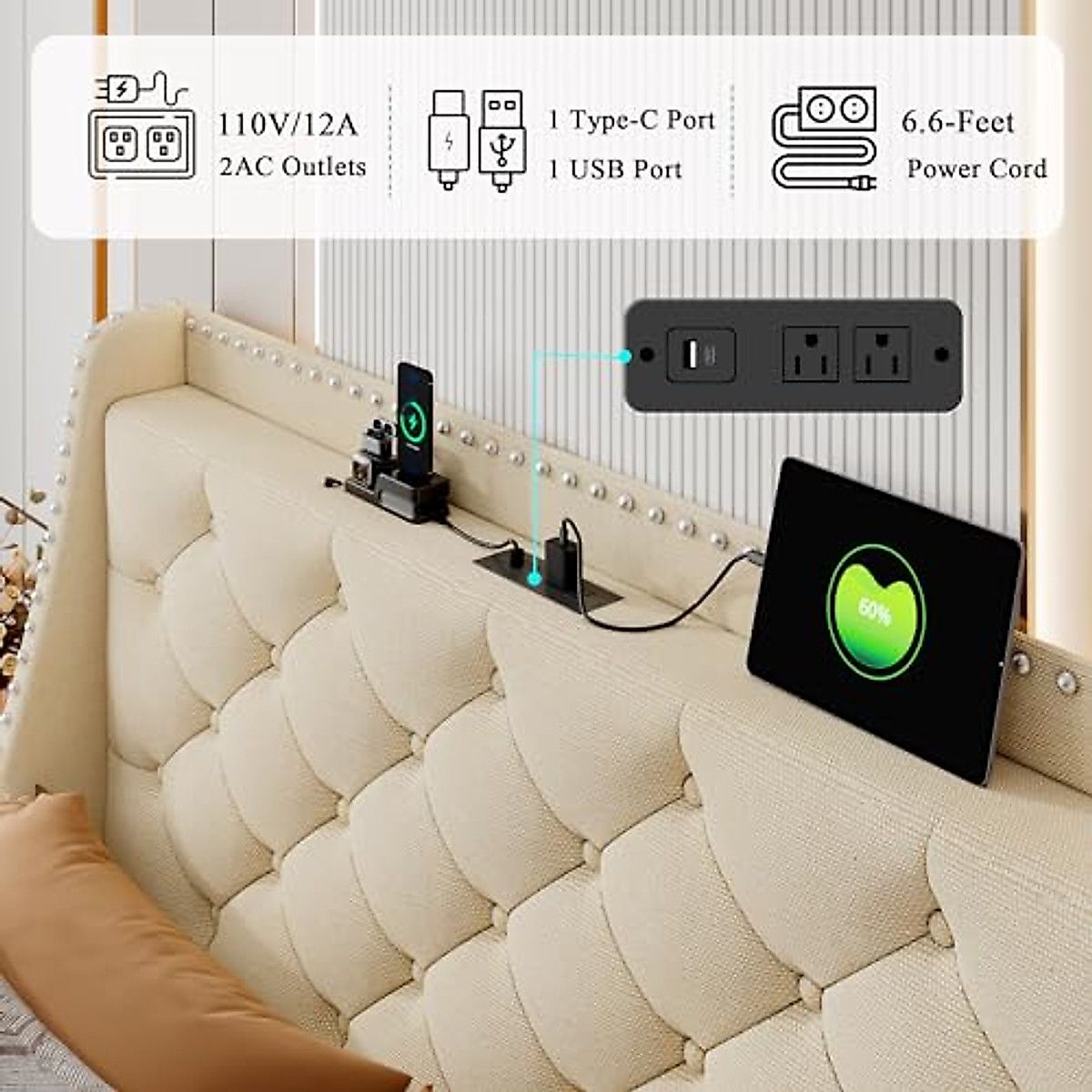 iPormis Queen Bed Frame with Deluxe Wingback & 2 USB Ports, Button Tufted Storage Headboard, Solid Wood Slats Support, No Box Spring Needed, Beige