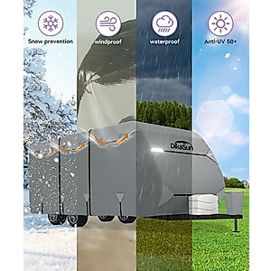 DikaSun Travel Trailer RV Cover, 7-Ply Layers Top 35-38ft Windproof Waterproof UV Protection Ripstop Camper Cover with Tongue Jack Cover, Gutter Covers and Extra Long Straps