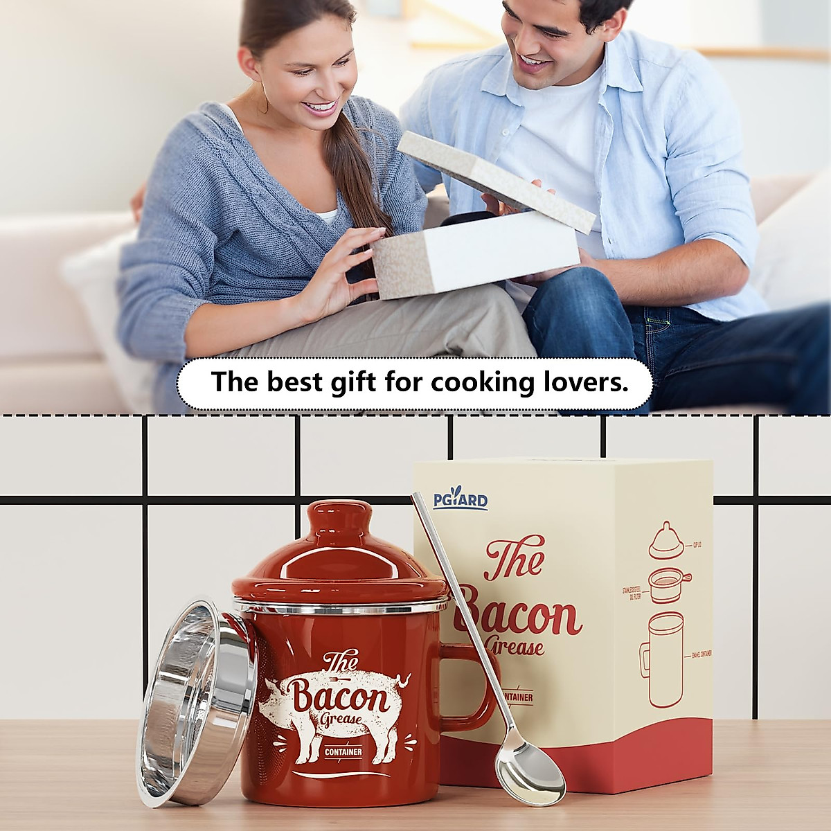 PGYARD Mini Bacon Grease Container With Strainer - 15OZ Enamel Grease Saver, Farmhouse Bacon Grease Keeper For Kitchen Fat Storage, Dishwasher Safe-Red