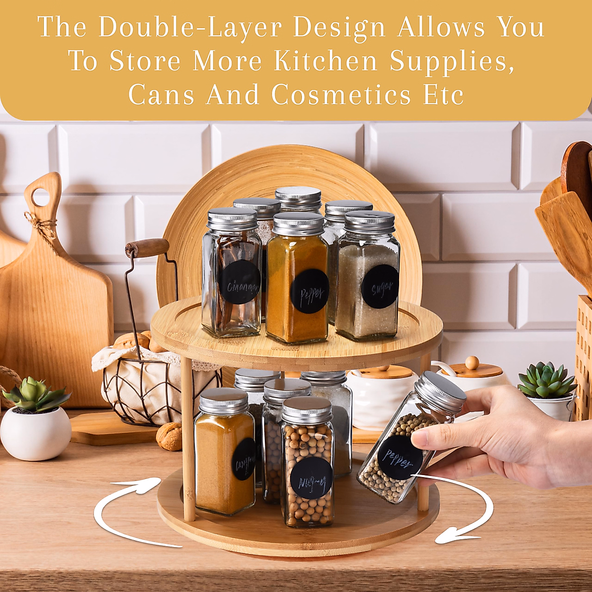 Bamboo Turntable Lazy Susan Rotating Spice Rack - 2 Tier Rotating Spice Rack, Lazy Susan Rotating for Kitchen, Spice Carousel for Cabinets and Pantry - Wooden 2 Tier Lazy Susan Rotating Turntable