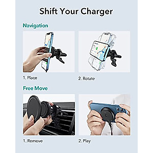 ESR Shift Wireless Car Charger (HaloLock), Compatible with MagSafe Car Charger, 2 Charging Modes, Detachable Fast Charging Pad, Car Phone Holder Mount for iPhone 14/13/12 Series, Car Accessories