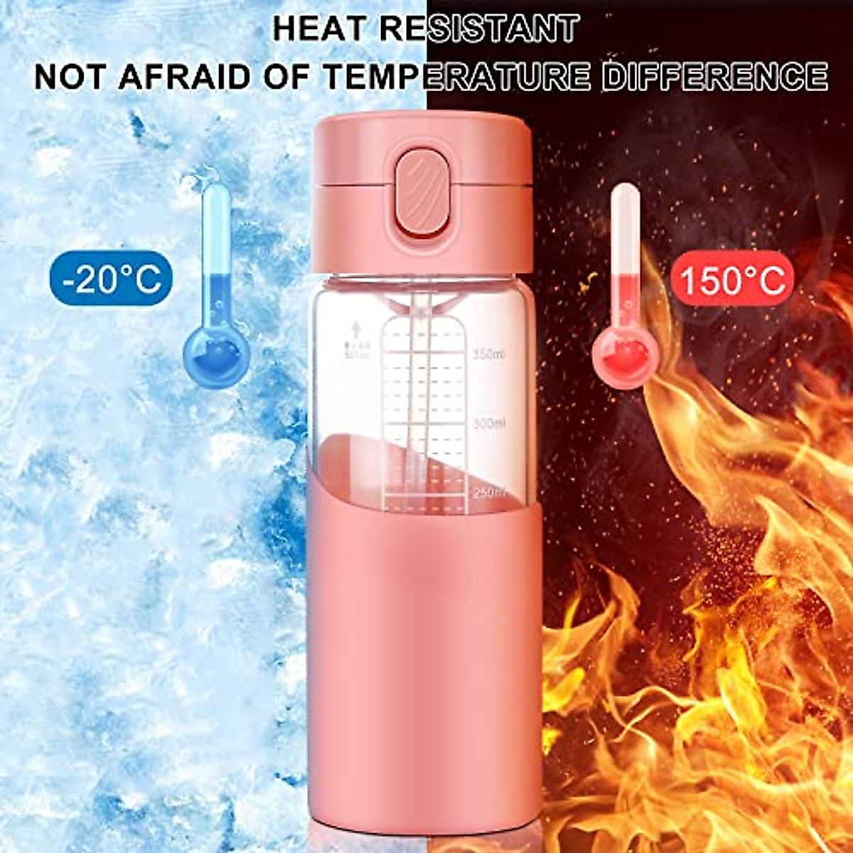 Glass Water Bottle with Straw,Handle Lid and Measurement Scale Silicone Sleeve , Portable Transparent Leak Proof Handy Cup Container for Sport Outdoors Vacation Travel Office ,450ML/15oz (Pink)