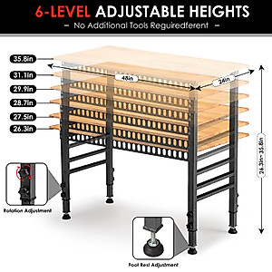 OLBRUS 48 "Adjustable Workbench with Power Outlet, Heavy Duty 2000 LBS Load Capacity Hardwood Workbench Suitable for Workshop, Office, Garage, Home