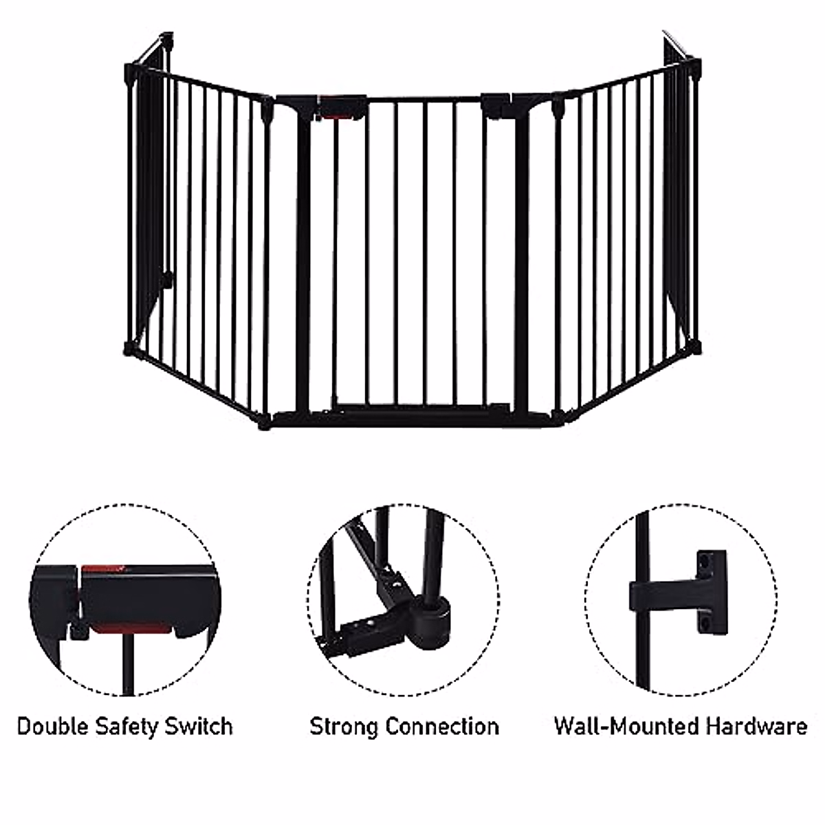 Costzon Baby Safety Gate, 121 Inch Length 5 Panel Adjustable Wide Fireplace Fence, BBQ Metal Fire Screen Gate, Pet Isolation Fence with Walk-Through Door, Freestanding Pets Gate (Black, 5-Panel)