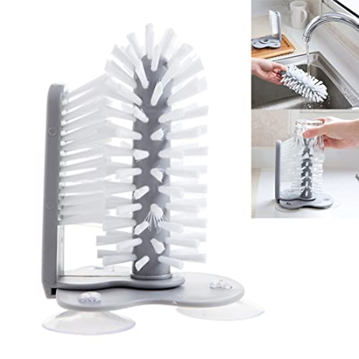 Mednkoku Glass Washer with Suction Base Standing Double Sided Bristle Cleaner Bottle Cleaning Brush Cup Washing Brushes
