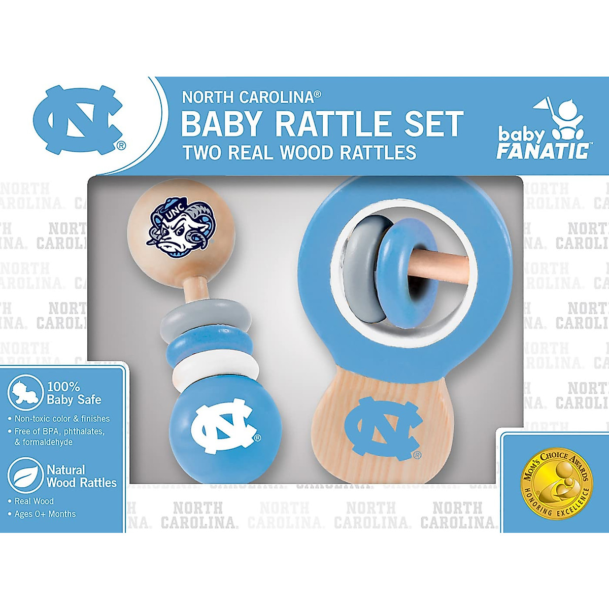 BabyFanatic Wood Rattle 2 Pack - NCAA UNC Tar Heels - Officially Licensed Baby Toy Set