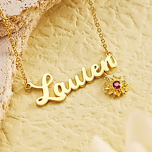 Personalized Name Sunflower Necklace with Simulated Birthstones Gold Name Custom Necklace for Women Sunflower Jewelry Sunflower Birthday Gift for Girlfriend Mother (Gold-2)