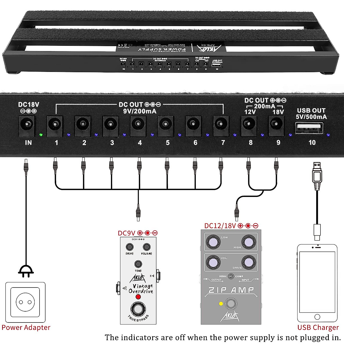 AKLOT Guitar Pedal Board with Built-in Power Supply Guitars Effect Pedalboard Aluminium Alloy Power Supply 19" x 5" with Bag, Pedal Cable