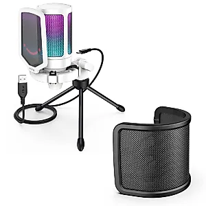 FIFINE USB Gaming Microphone with Pop Filter Bundle, PC Streaming Mic with Quick Mute Kit, RGB Recording Podcasting Condenser Mic for YouTube, Video, Studio (A6W+U1)