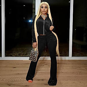 Wryran Velour Tracksuits Womens 2 Piece Lounge Outfits Zip Up Cropped Jacket Velvet Track Suits Y2K Sweatshirt and Flared Sweatpants with Pockets Matching Set Black Medium