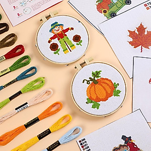 ZOIIWA 6PCS Fall Cross Stitch Kits for Beginners Autumn DIY Embroidery Kit for Kids Adults Fall Thanksgiving Gift Turkey Pumpkin Maple Leaf Truck Squirrel Scarecrow Craft Needlepoint Starter Supplies