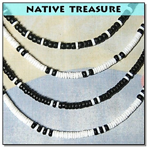 Native Treasure 18" (4 Pack) Mens and Womens Summer Beach Surfer Necklaces From the Philippines, White Ark Shells and Black Coconut Beads