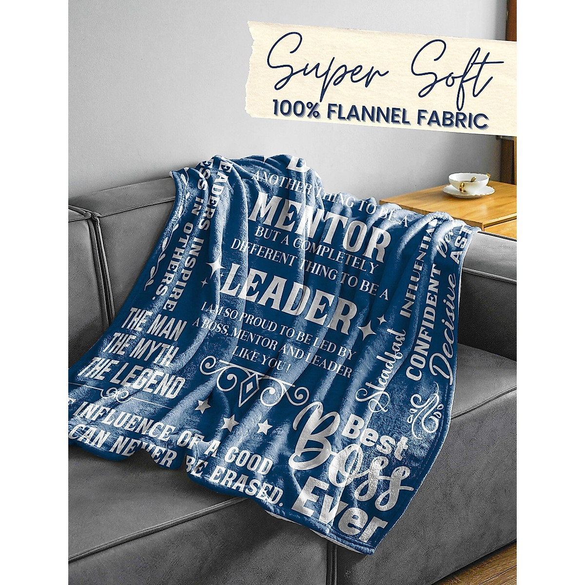 Boss Gifts from Employees, Bosses Day Gifts for Men, Bed Flannel Plush Throw Blankets (50"x 65") Christmas Office Gift Idea on Boss Day, Birthday, Appreciation, Retirement, Mentor Leader-Blue