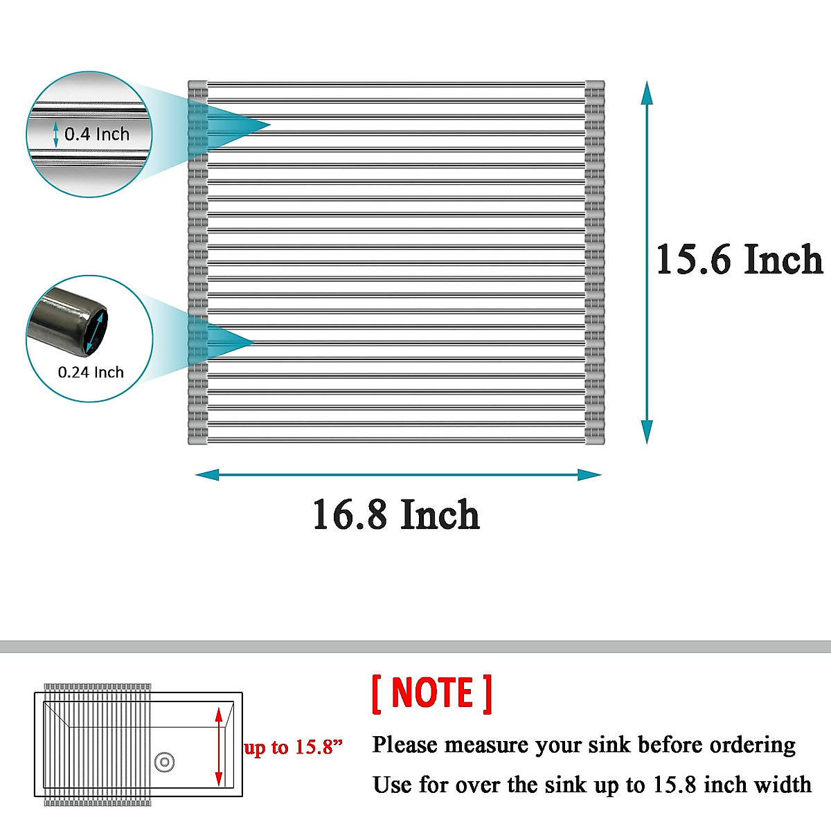 Vseegrs Roll Up Dish Drying Rack (17" L x 16" W), Over Sink Dish Drying Rack, Foldable Stainless Steel Dish Drying Rack, Rolling Srying Rack for Sink Counter (Gray)