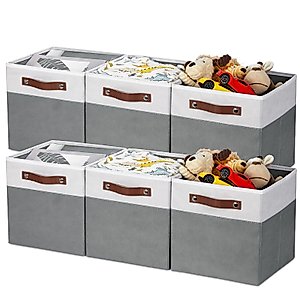 HNZIGE Fabric Storage Cubes 11x11x11,6Pcs Storage Cubes Organizer shelves, Large Linen Closet Foldable Storage Cubes for Shelves,Baskets for Cube Storage Home, Office Toy (White Gray)