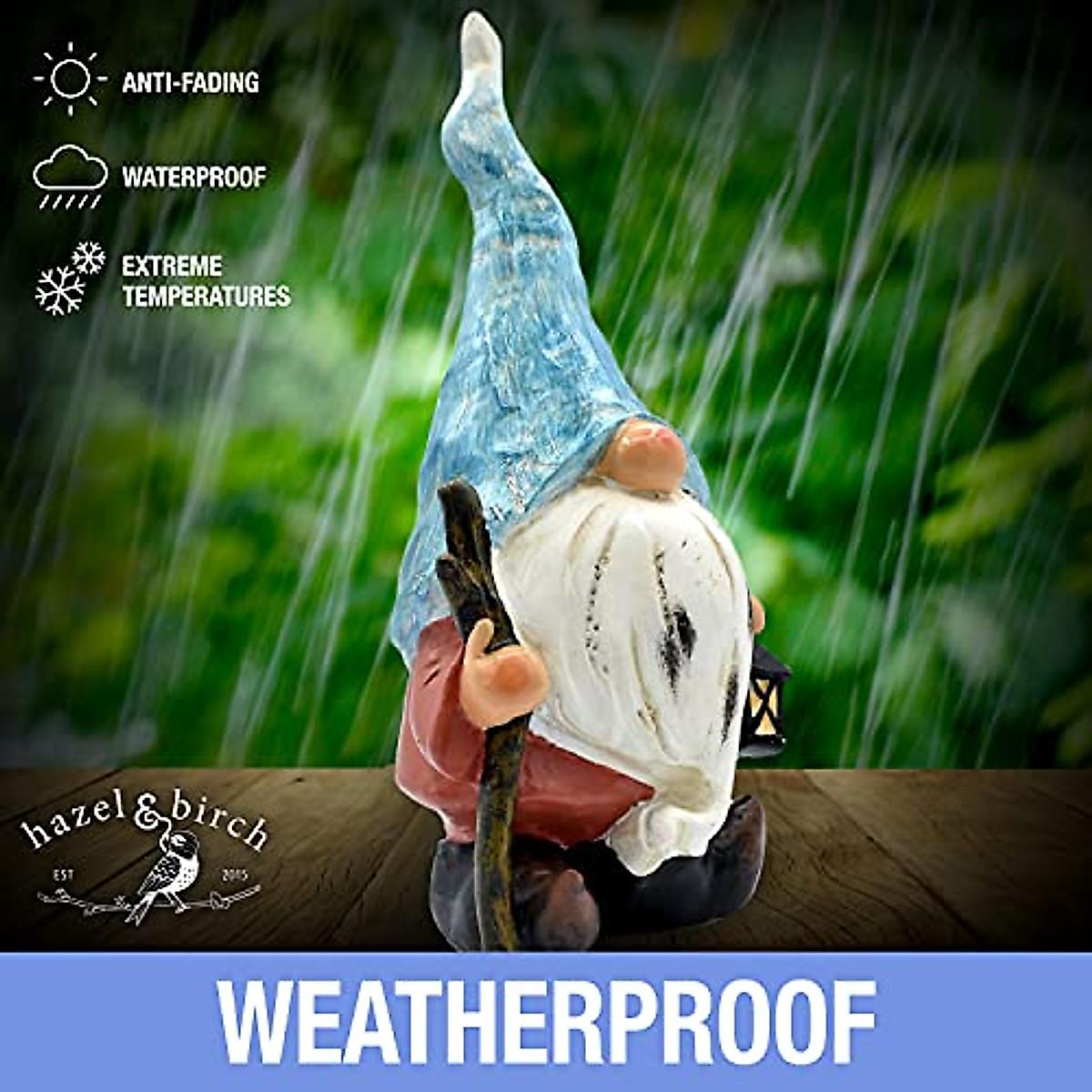 Hazel & Birch Outdoor Garden Gnomes Decorations - 9 inches Tall - Gnome Statues for Yard, Lawn, Patio, Porch - Hand Painted Decor, Weatherproof Gnome Figurine (Blue Hat Stick & Lantern Gnome)