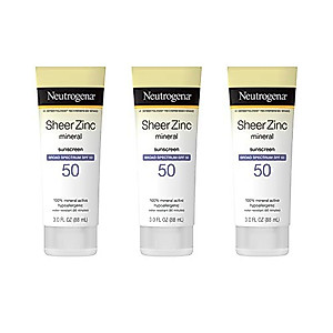 Neutrogena Sheer Zinc Oxide Dry-Touch Mineral Sunscreen Lotion, Broad Spectrum SPF 50 UVA/UVB Protection, Water-Resistant, Hypoallergenic and Non-Greasy, Paraben-Free, 3 fl. oz, Pack of 3
